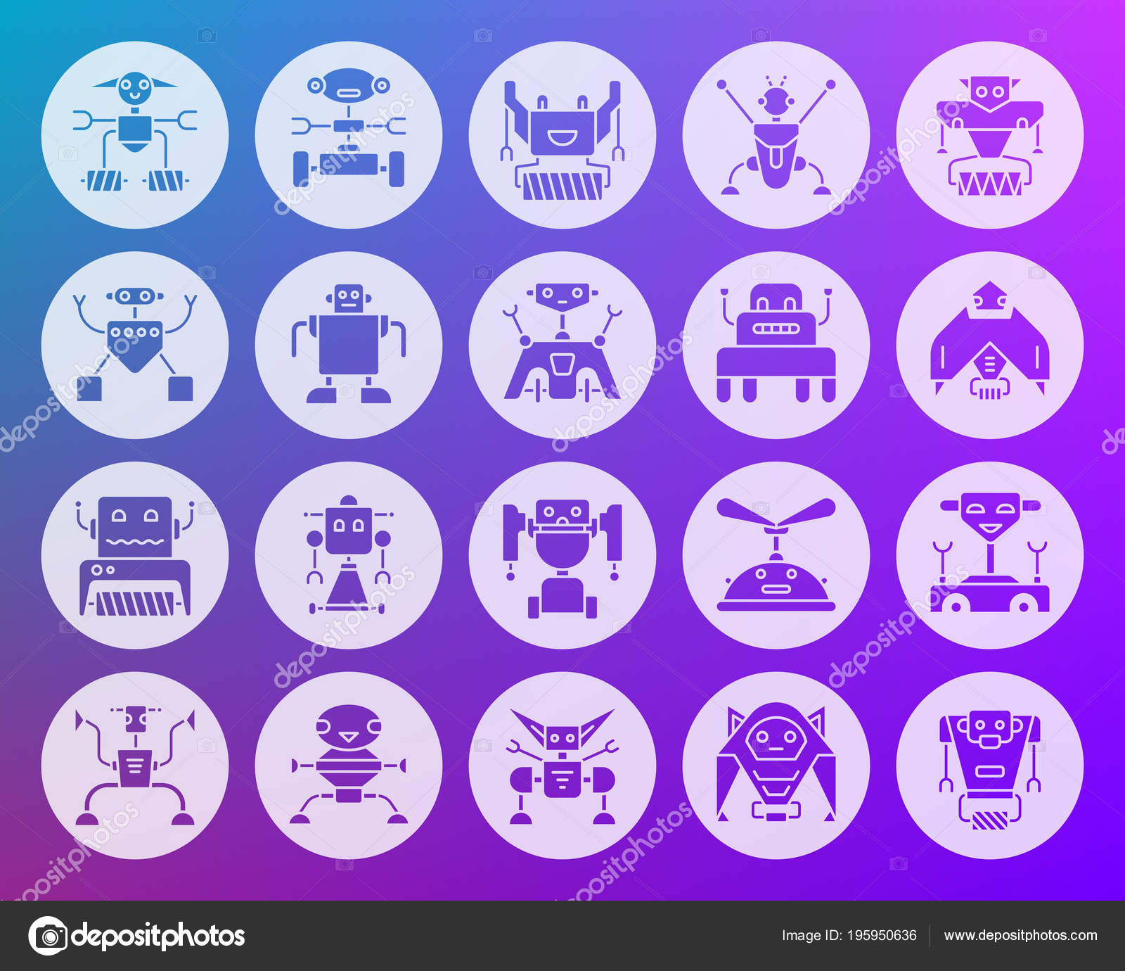 Robot Icons Set Web Sign Kit Toy Character Pictogram Collection Stock ...