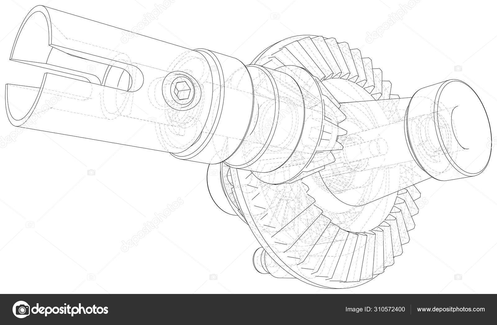 Inside view on gearbox cross section with gears and shafts. Wire-frame ...