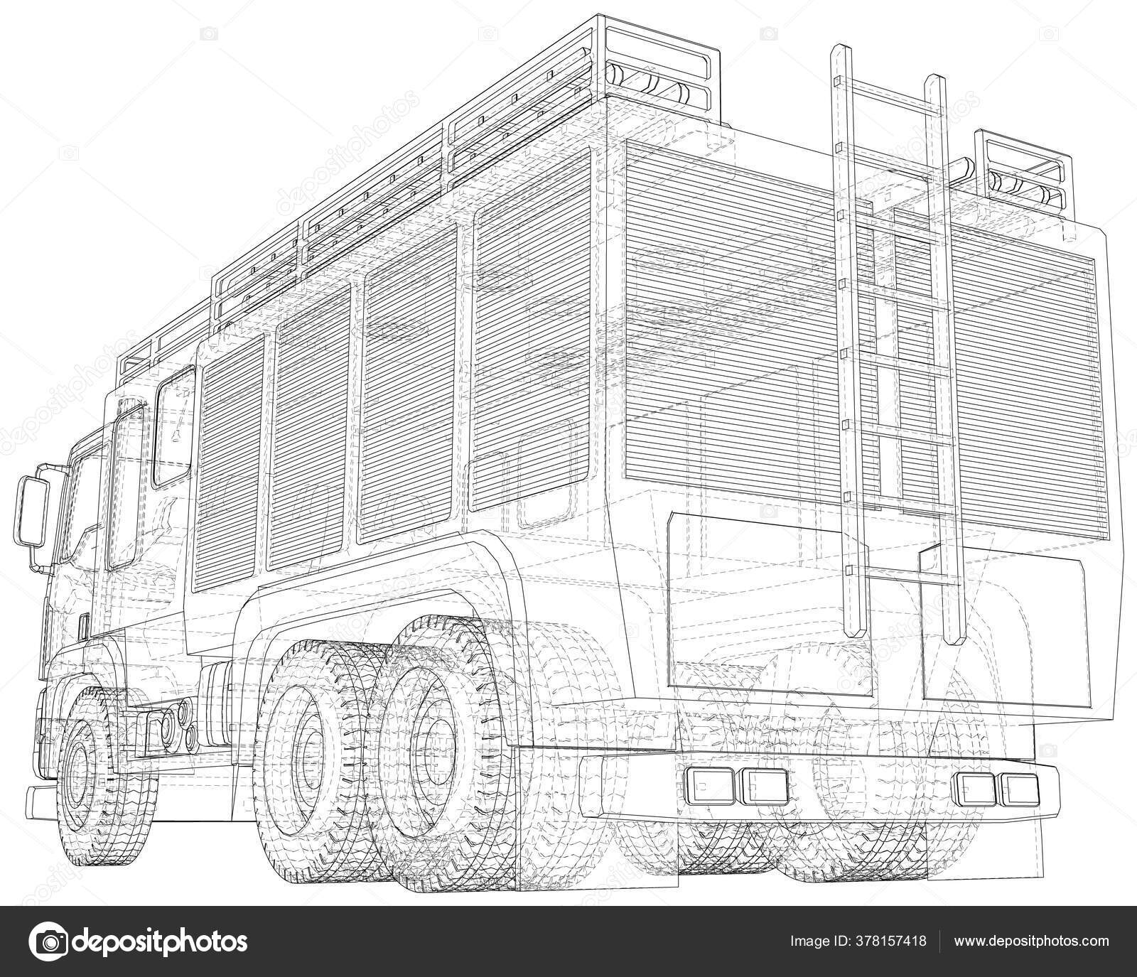 Fire Engine illustration vector. Fire truck Wire-frame line isolated ...