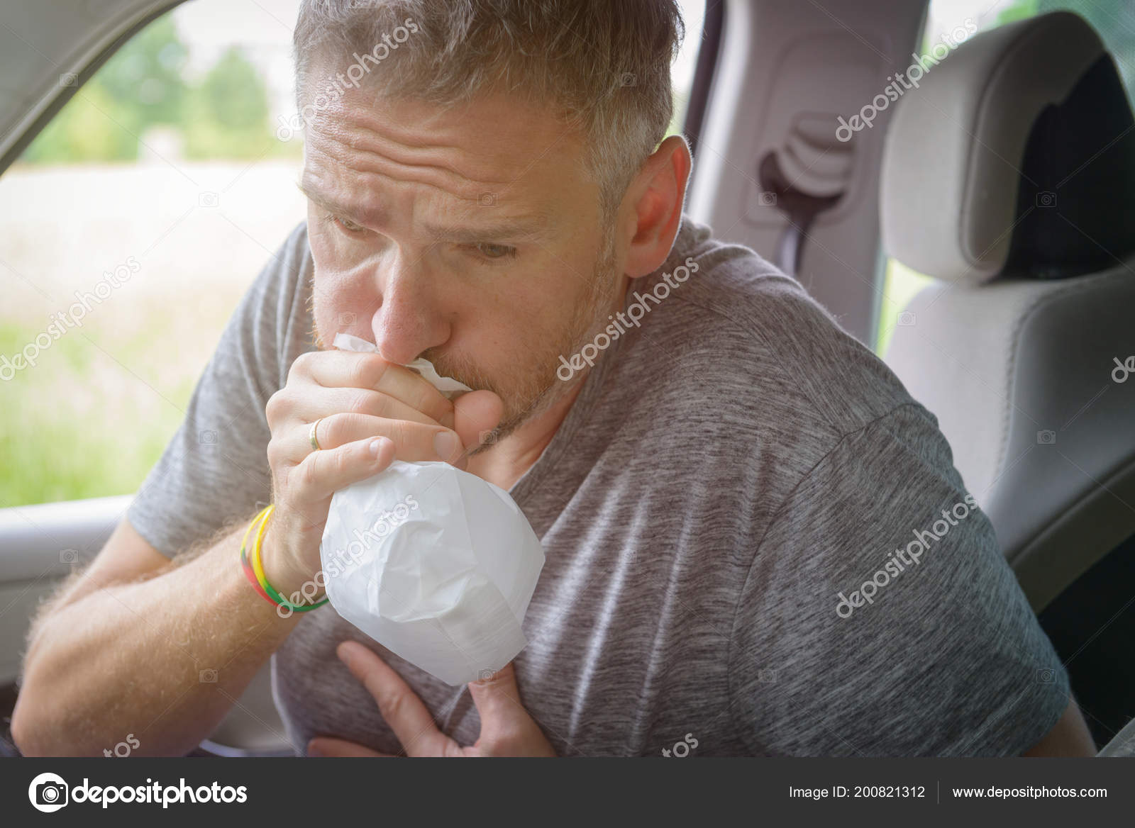 Man Suffering Motion Sickness Car Holding Sick Bag — Stock Photo ...