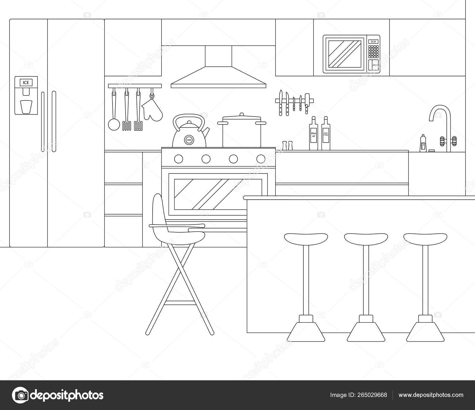 Vector Line Illustration of Interior of Kitchen Stock Vector Image by ...