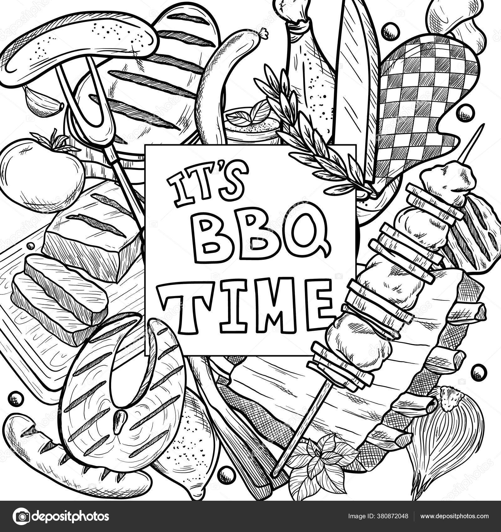 Set of BBQ and grill sketch objects isolated on white background. Hand ...