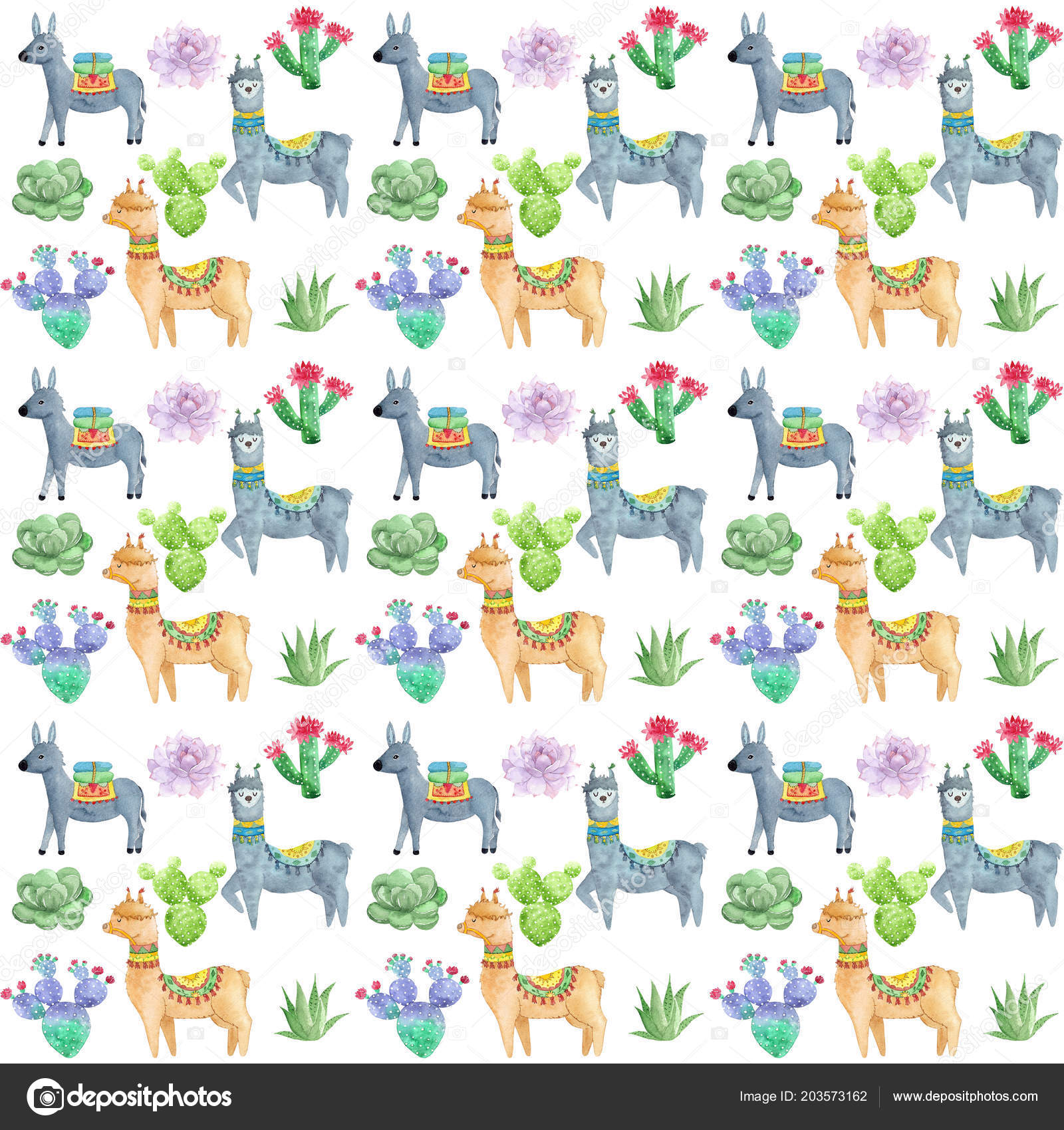 Watercolor Cacti Alpaca Pattern Stock Photo by ©lillyeu9 203573162