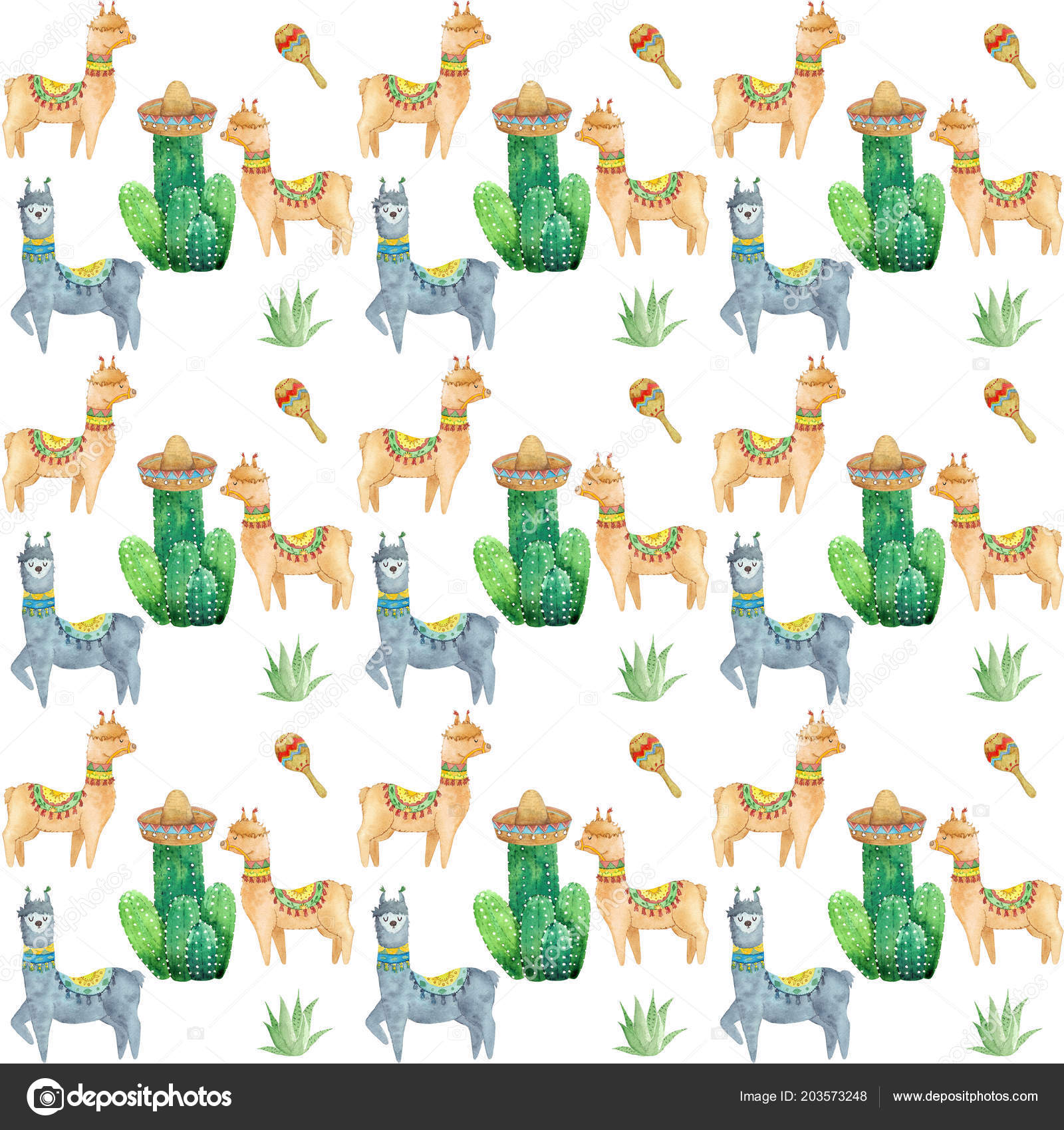 Watercolor Alpaca Cacti Pattern Stock Illustration by ©lillyeu9 #203573248