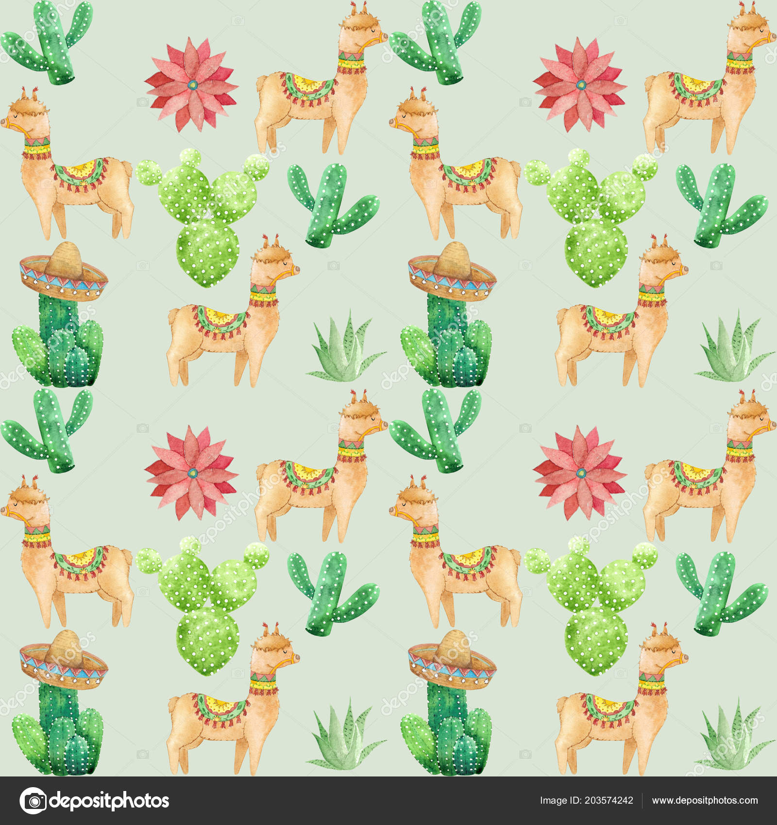 Watercolor Llama Cacti Pattern Stock Illustration by ©lillyeu9 #203574242