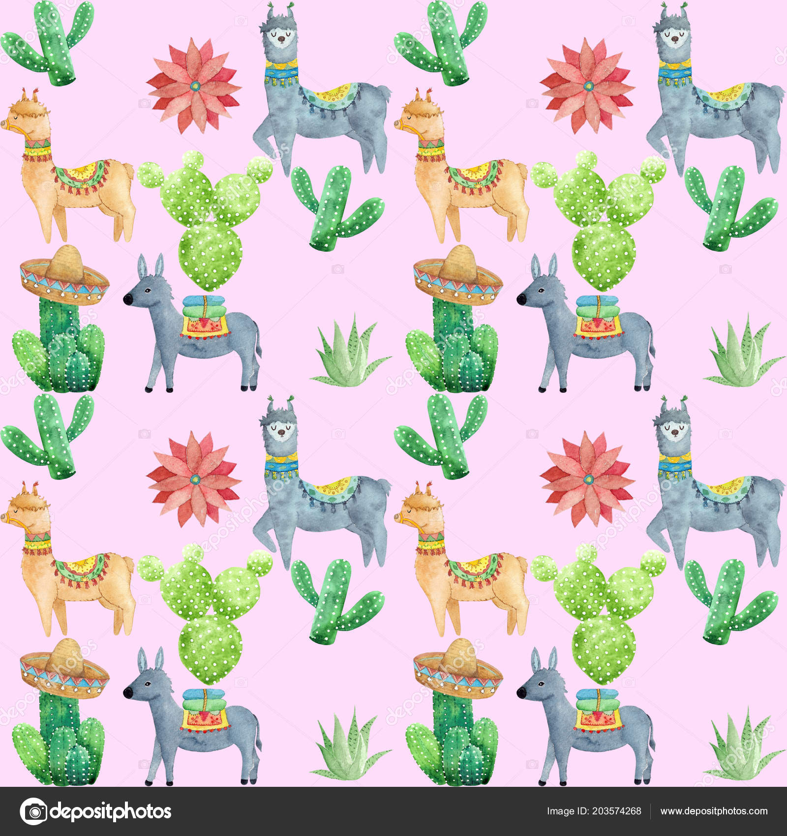 Watercolor Llama Cacti Pattern Stock Illustration by ©lillyeu9 #203574268