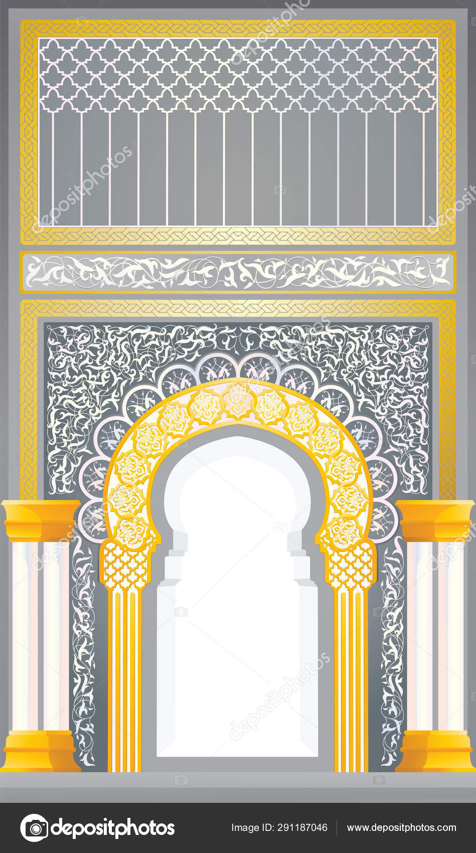 Islamic Arch Facade Floral Geometrical Pattern Design Silver Gold ...