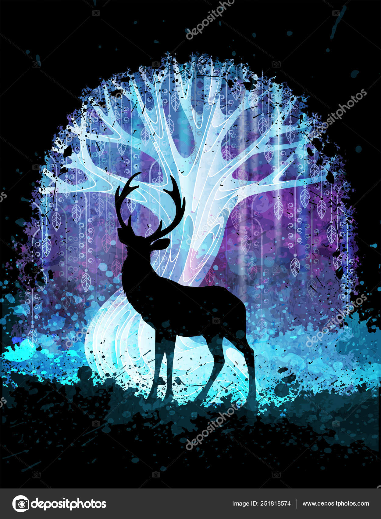 Deer silhouette in front of magic surreal tree in the night. Grunge ...