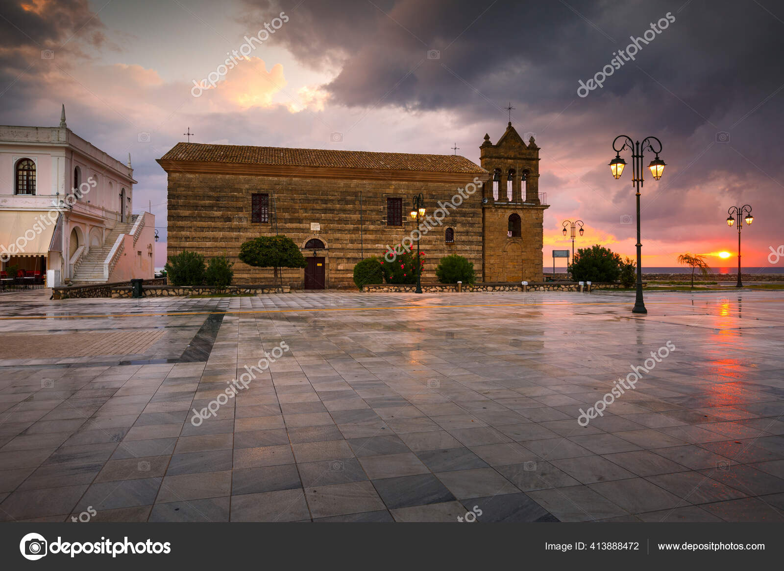 Sunrise Nikolaos Molou Church Solomos Square Zakynthos — Stock Photo ...
