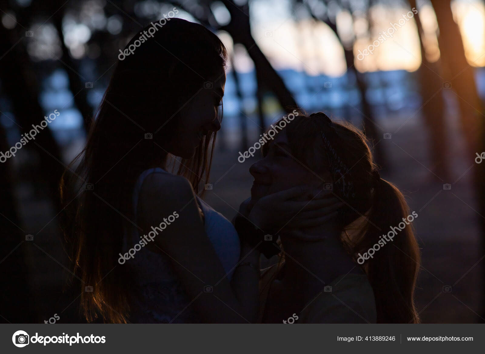 Two Loving Girls Forest Sunset Backlight — Stock Photo © Cavan #413889246