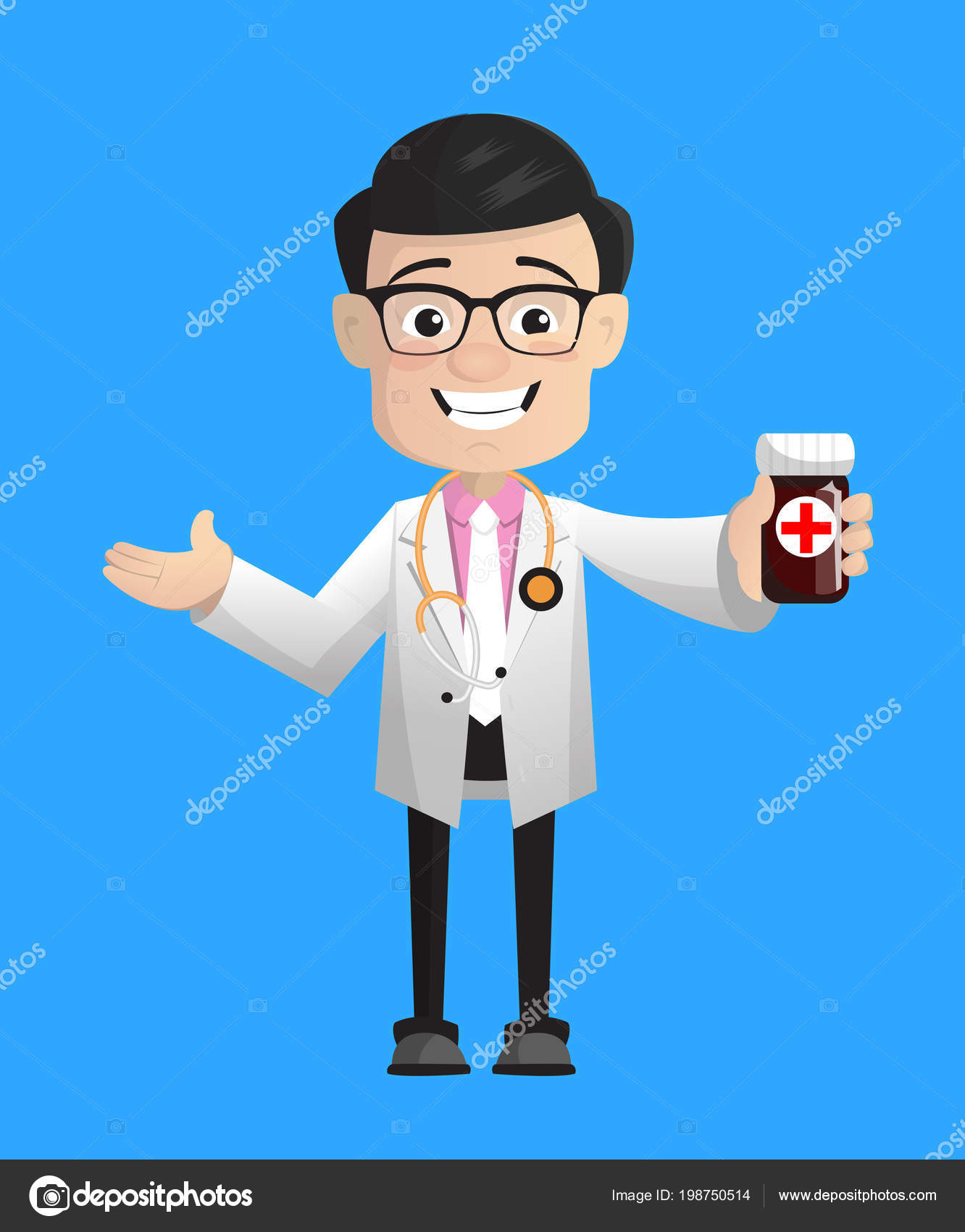 Feliz Dibujos Animados Patólogo Doctor Mostrando Píldoras Botella ...