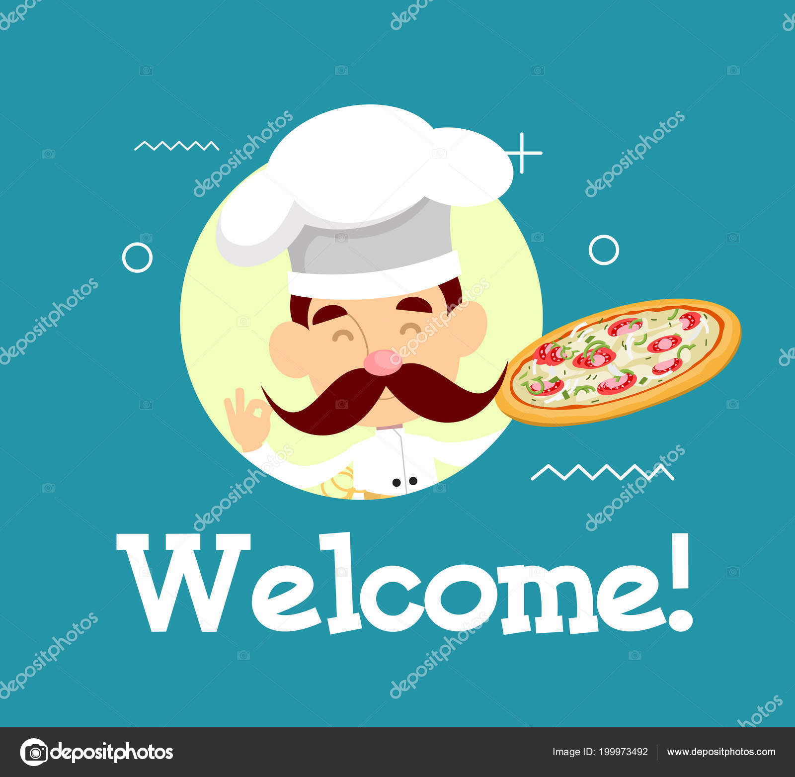Cartoon Chef Welcome Pizza Flat Vector Illustration Design Stock Vector ...