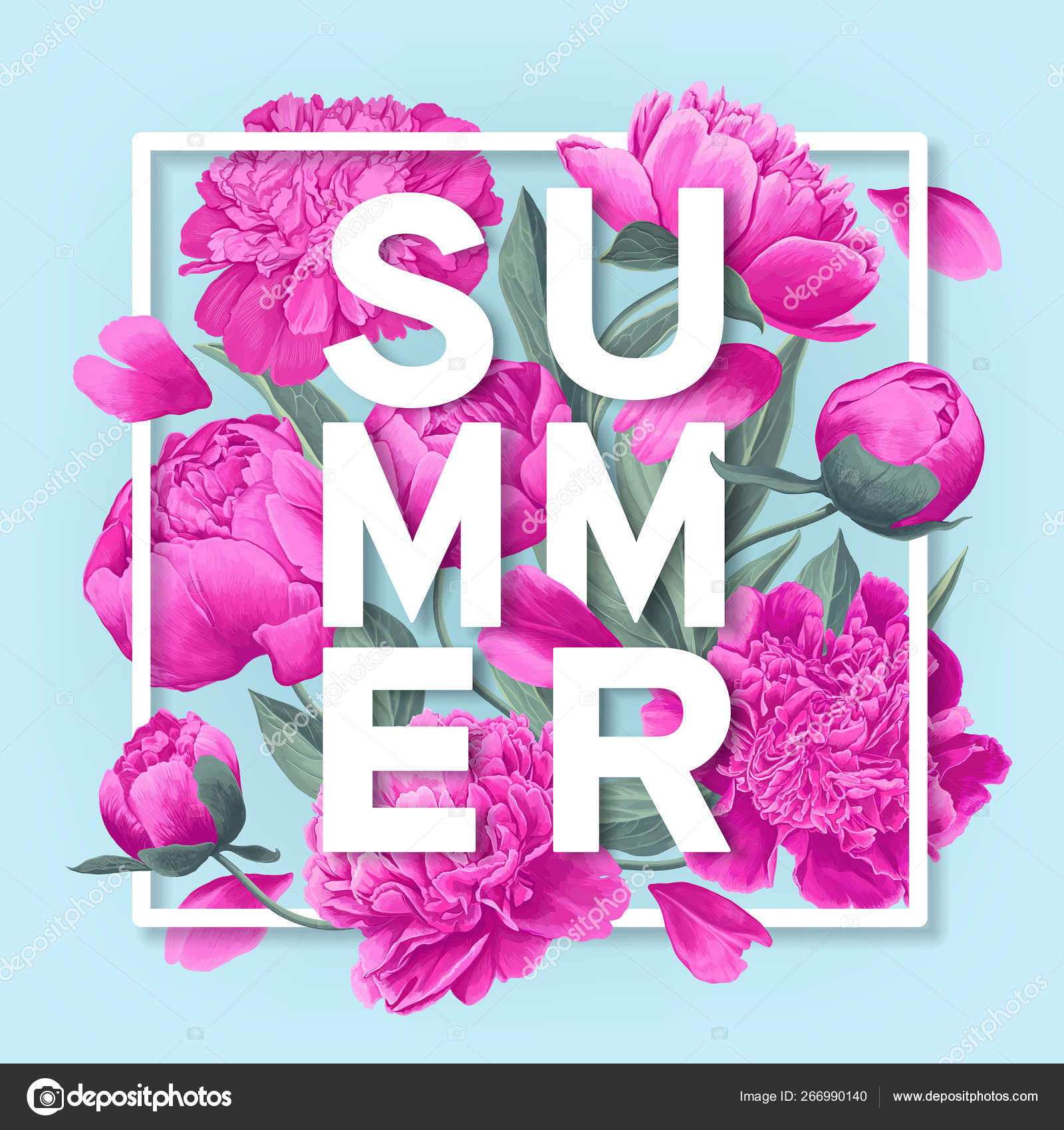 Summer design with floral background. Blooming pink peony flowers ...