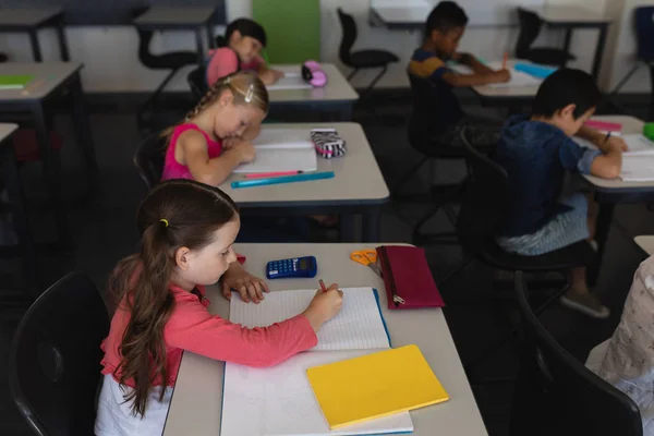 Side View Disable Schoolboy Classmates Studying Sitting Desk Classroom ...