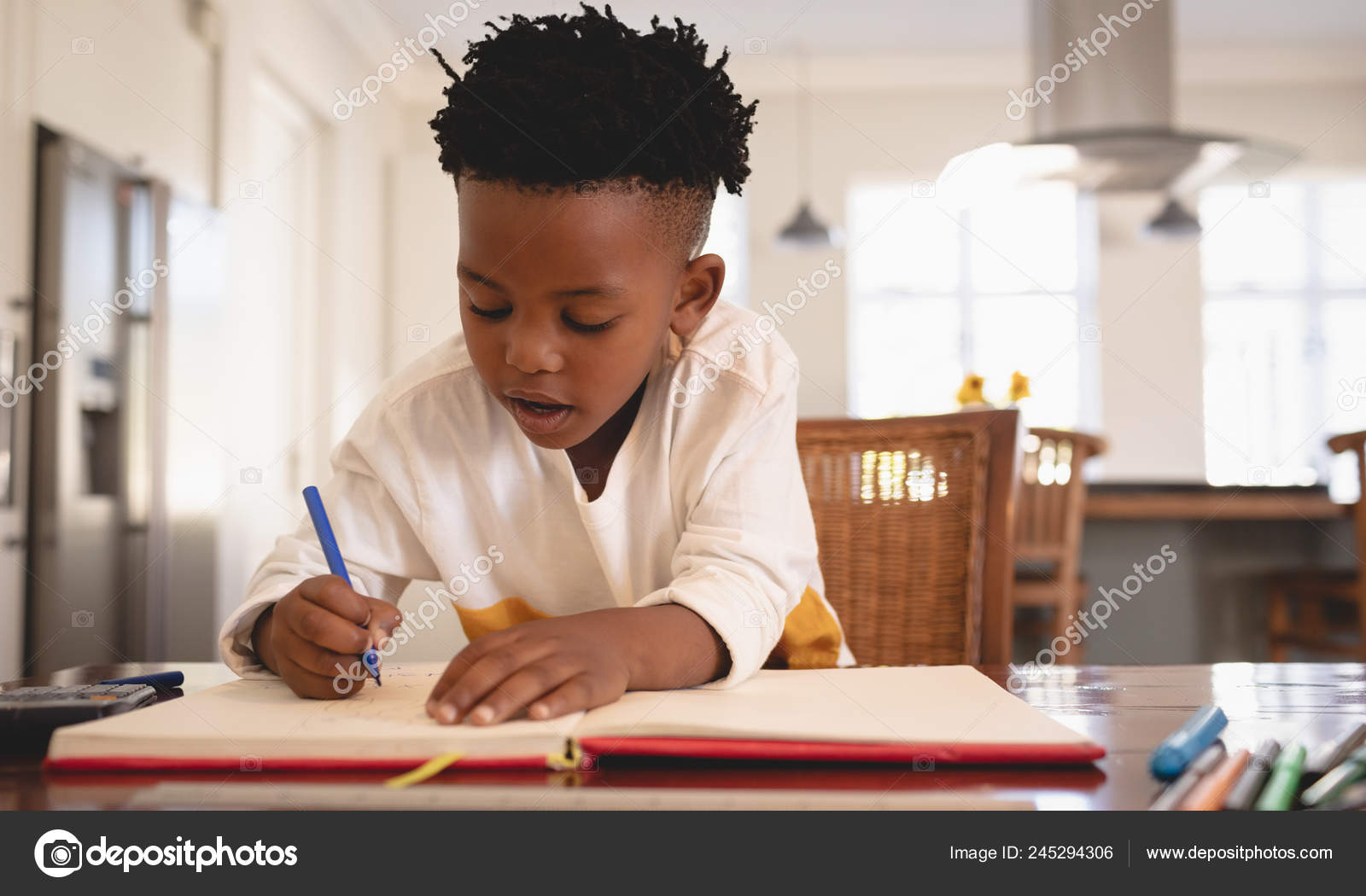 Front View Cute African American Boy Doing Homework Table Comfortable ...