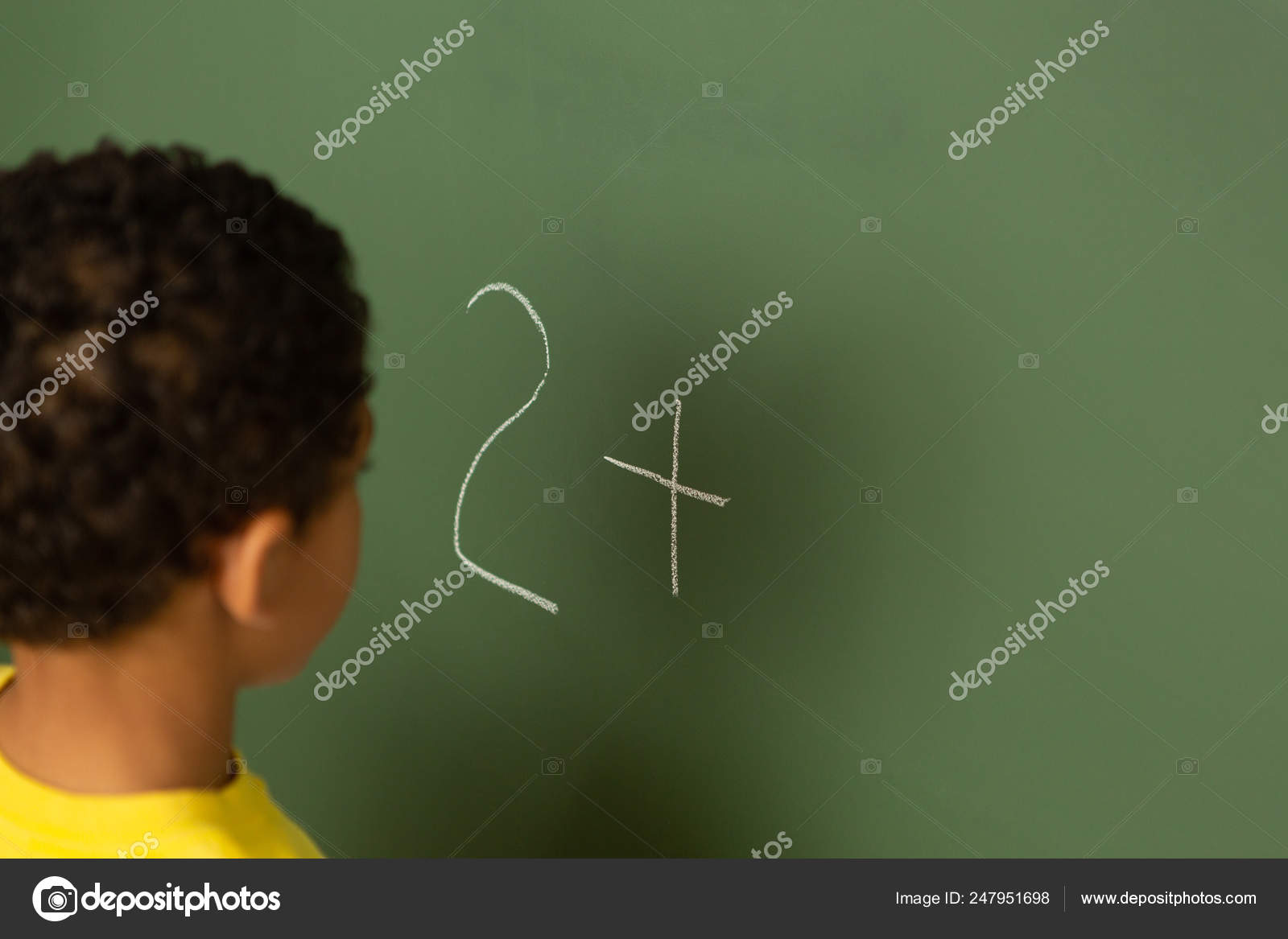 Rear View Cute Mixed Race Schoolboy Doing Math Greenboard Classroom ...