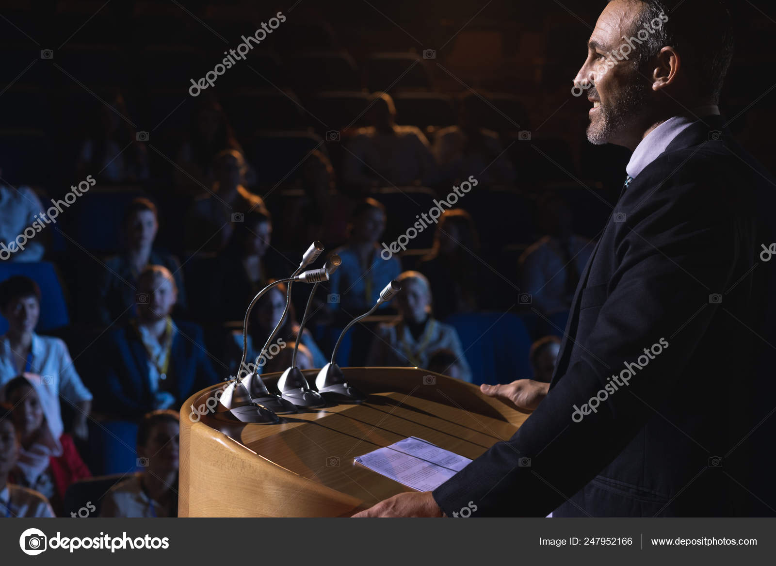 Side View Businessman Standing Stage Auditorium Presentation Stock ...