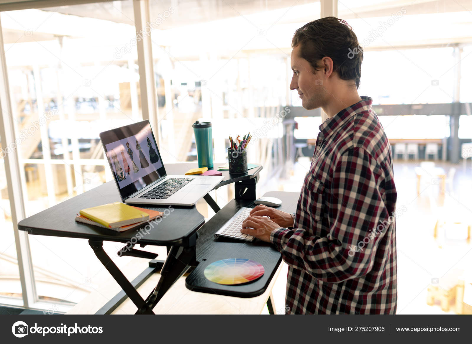 Side View Caucasian Male Graphic Designer Working Laptop Desk Office ...