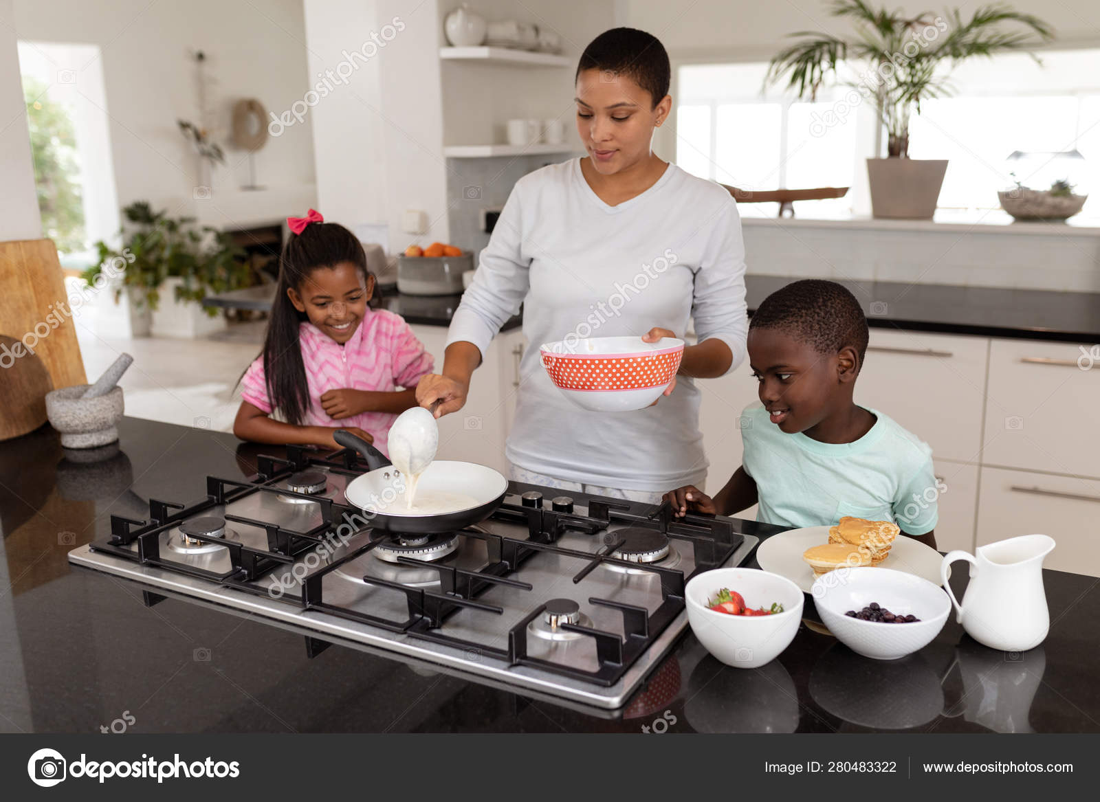 Front View African American Mother Children Preparing Food Worktop ...