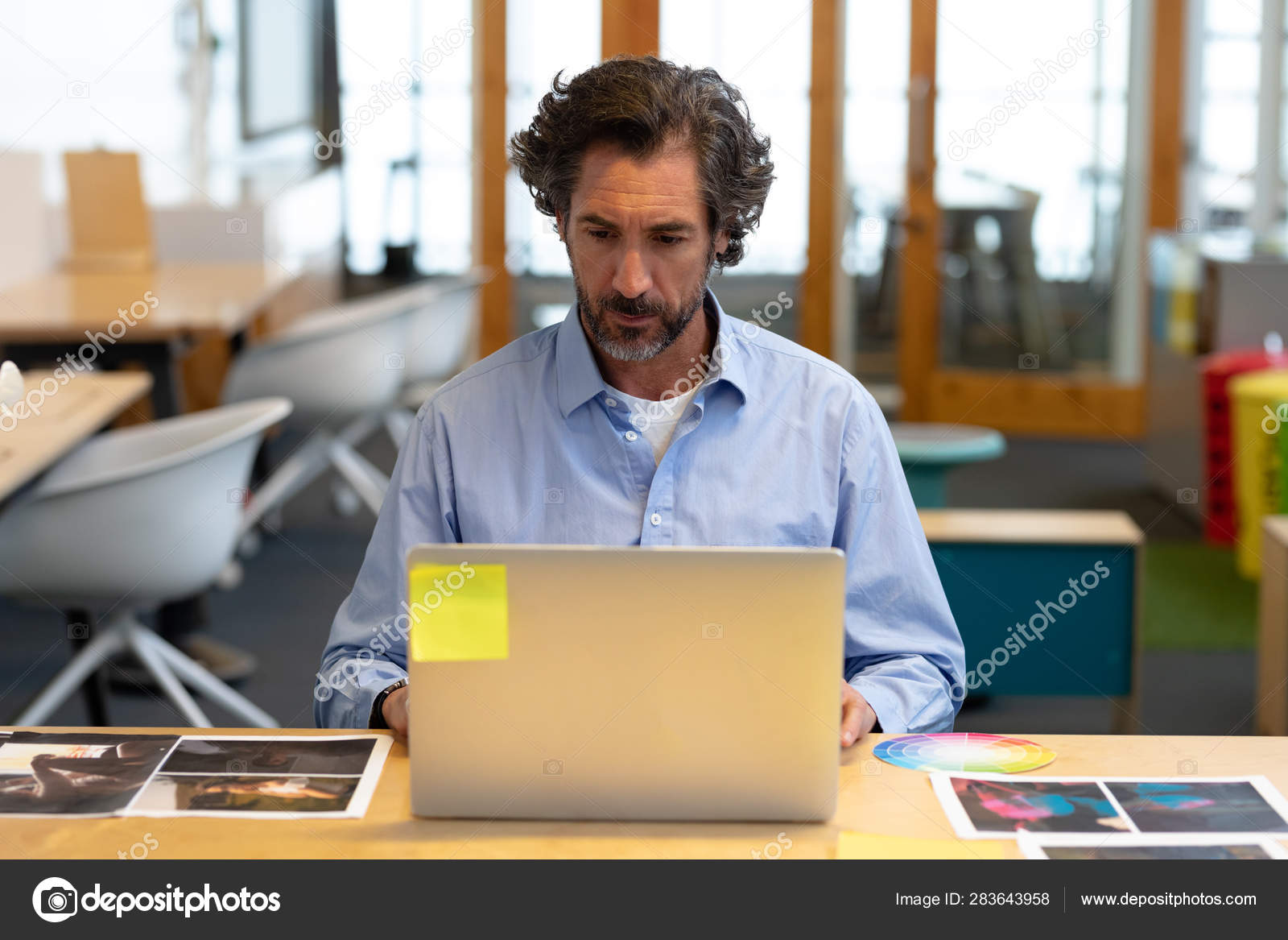Front View Caucasian Male Graphic Designer Using Laptop Desk Office ...