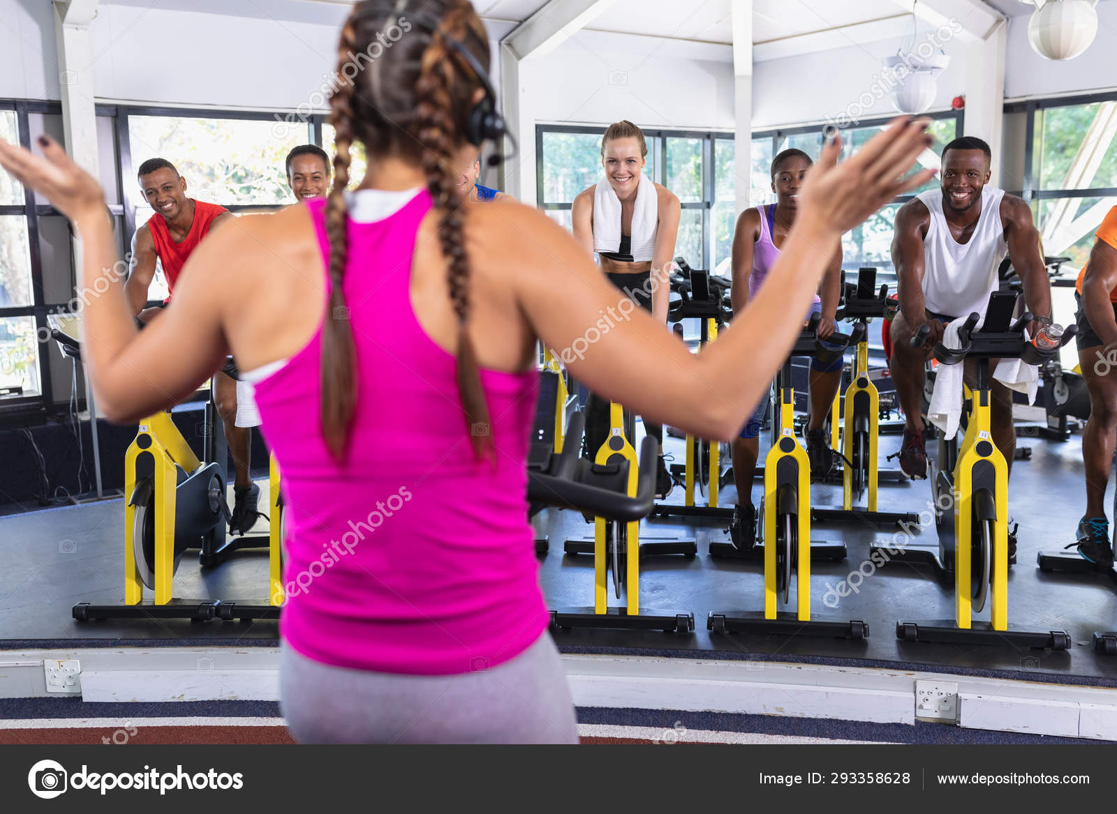 Rear View Caucasian Female Trainer Training People Work Out Exercise ...