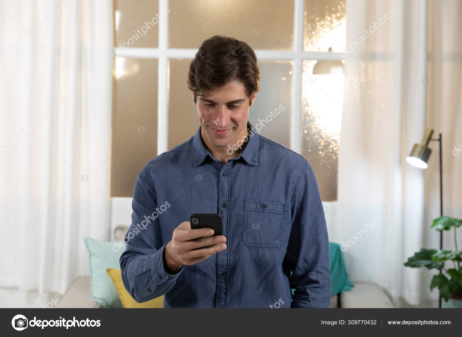 Front View Close Young Caucasian Man Using Smartphone Smiling His Stock ...