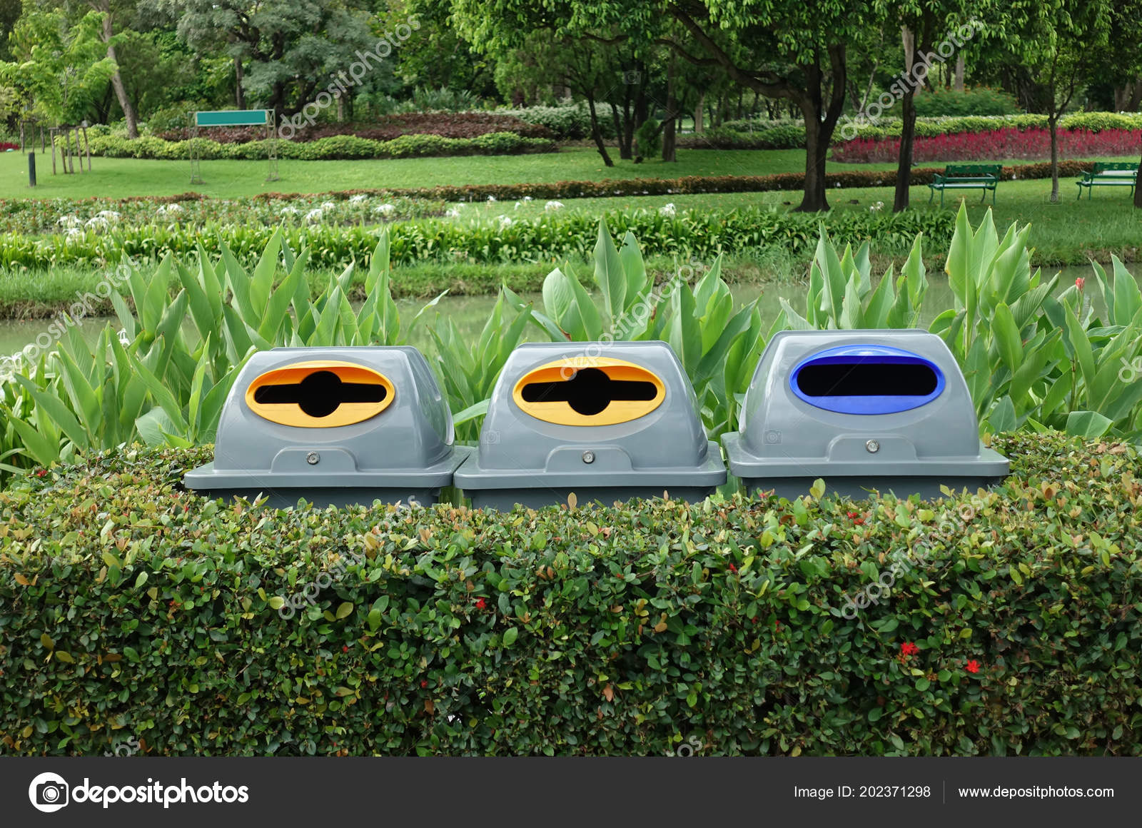 Set Three Garbage Trash Bins Nature Tree Public Park Recycle Stock ...