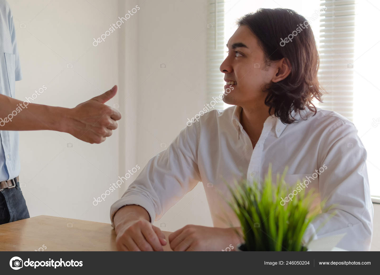 Good Job Man Boss Team Leader Encourage Showing Thumbs Expressing Stock ...