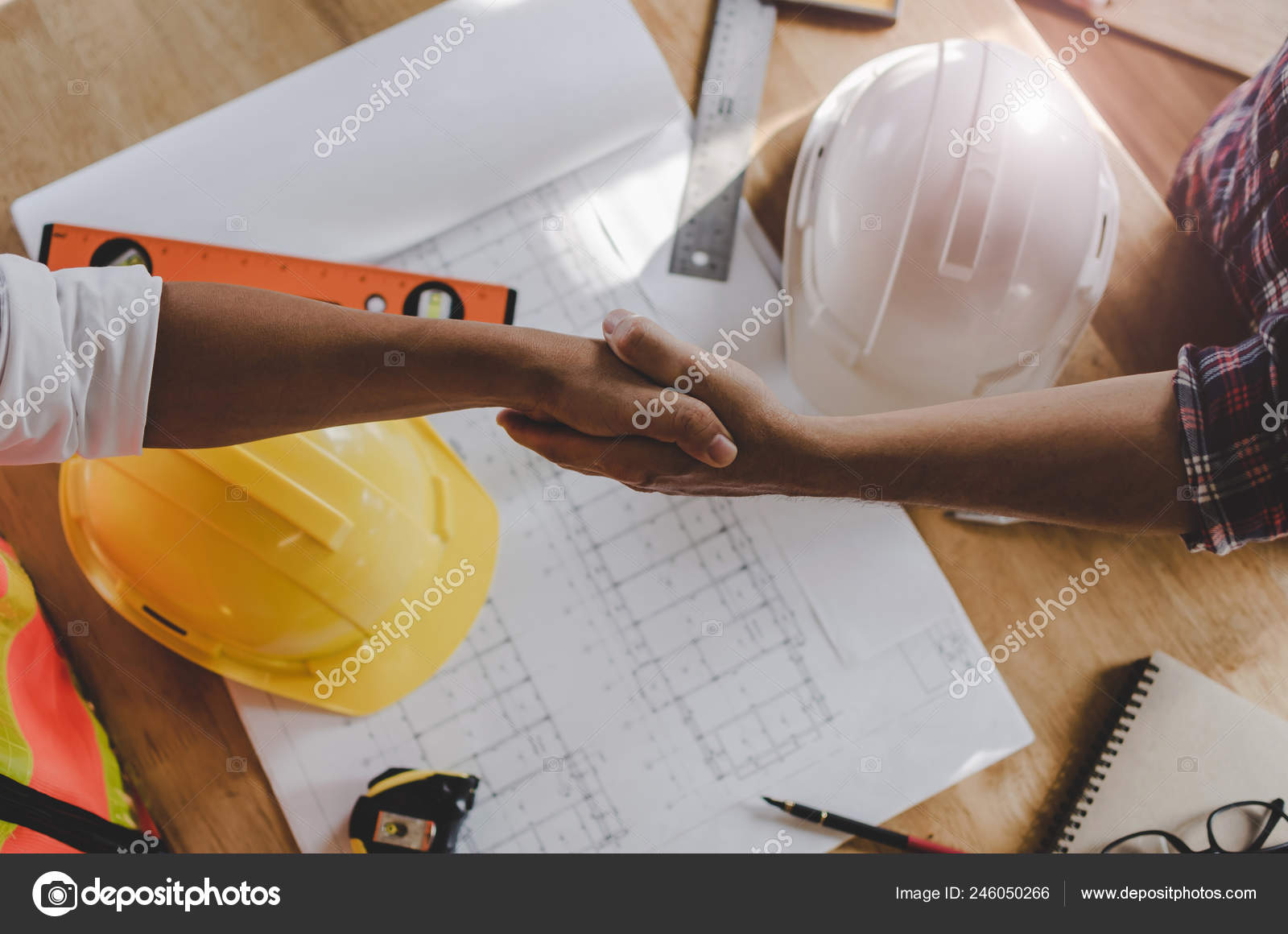 Top View Construction Worker Team Contractor Hand Shake Finishing ...