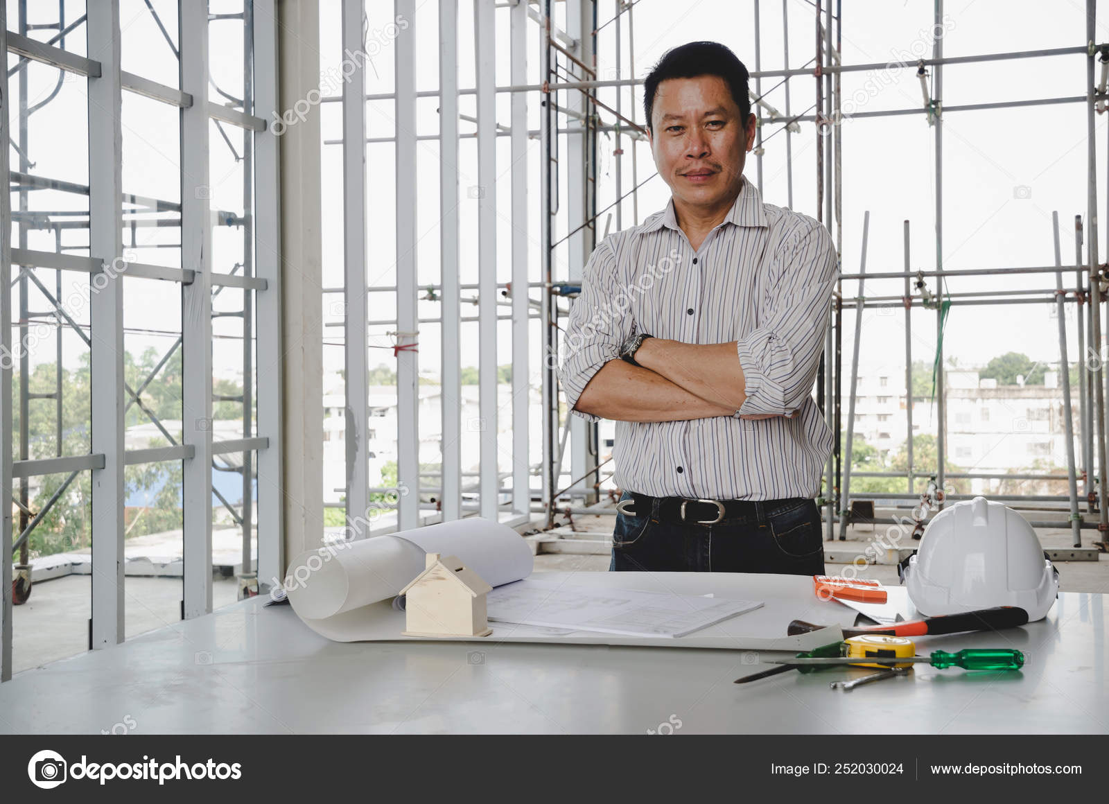 Smart Engineer Architect Technician Crossing Arms Construction Tools ...