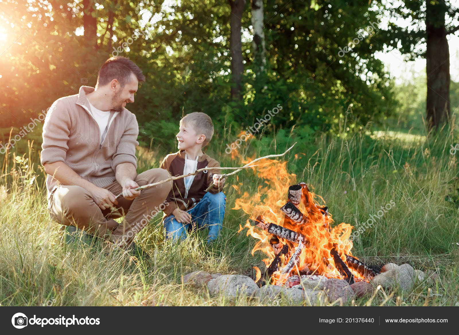 Father Son Fire Background Green Nature Hike Time Family Family Stock ...