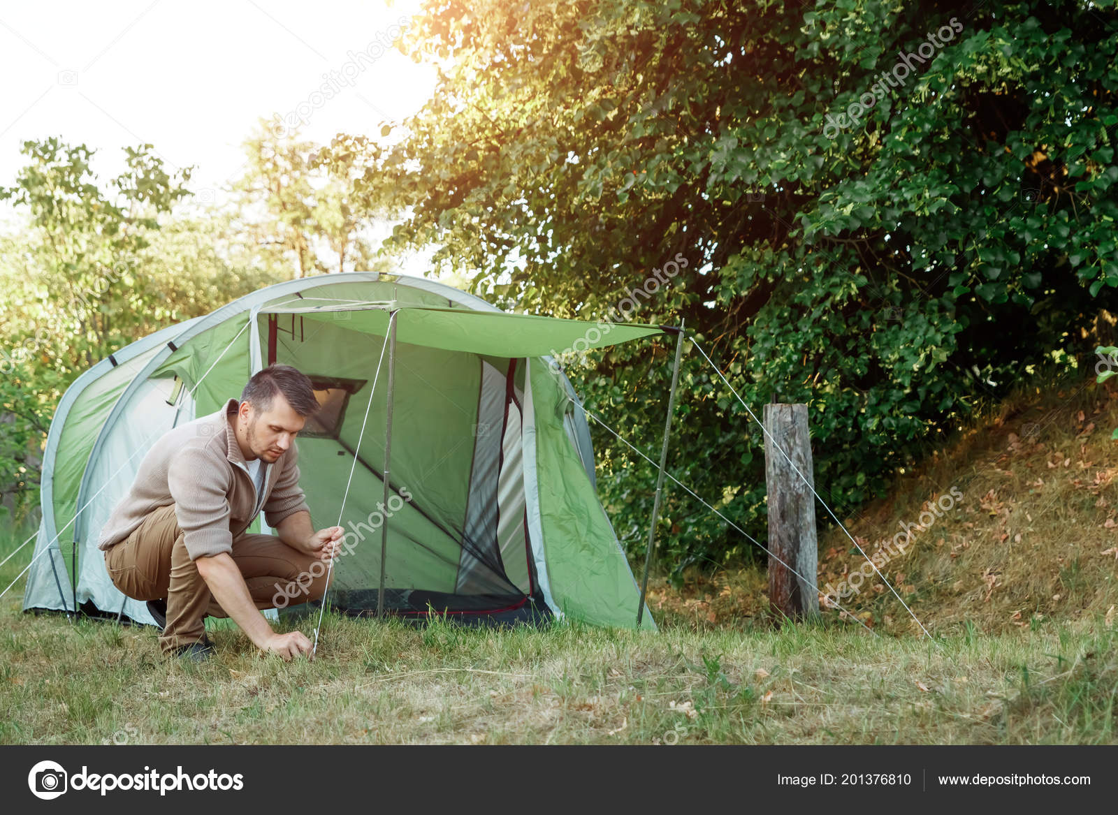 Man Puts Tent Forest Camp Tent Tourist Setting Tent Camping — Stock ...