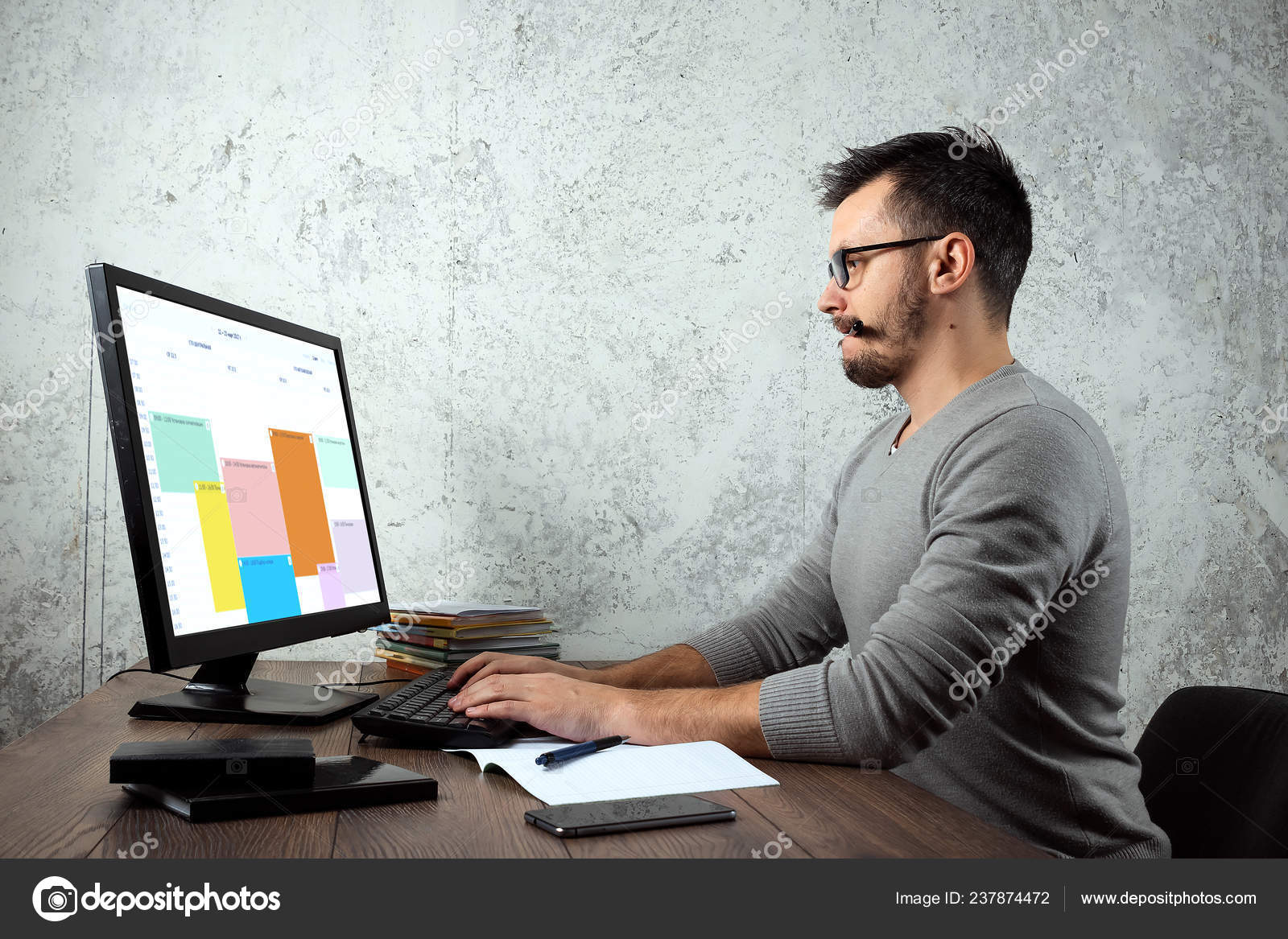 Man Man Sitting Table Office Working Computer Concept Office Work ...
