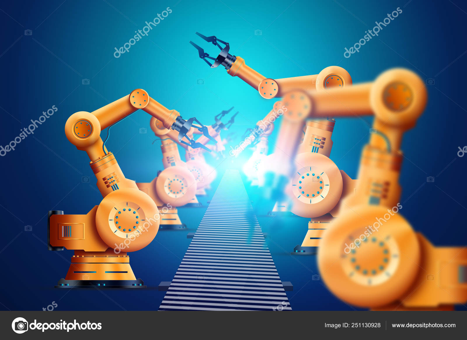 Robotization, industrial robot manipulator, orange, modern conveyor ...