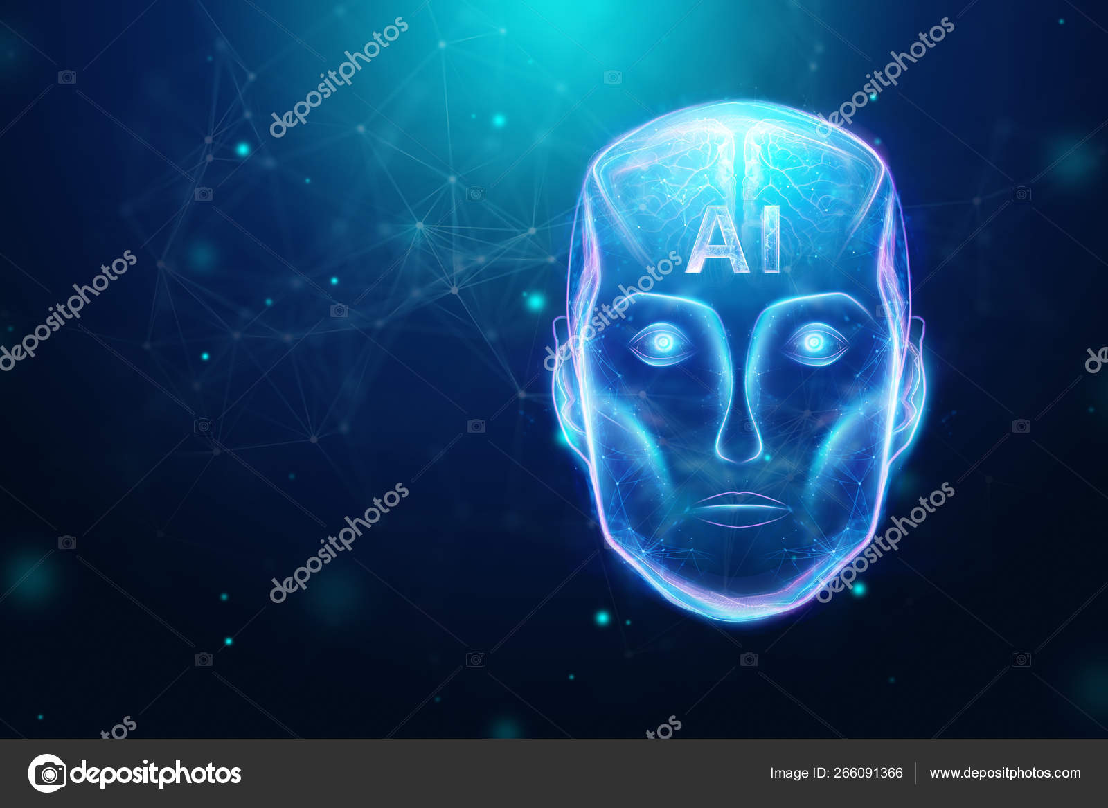 Blue Hologram robot head, artificial intelligence on blue background ...