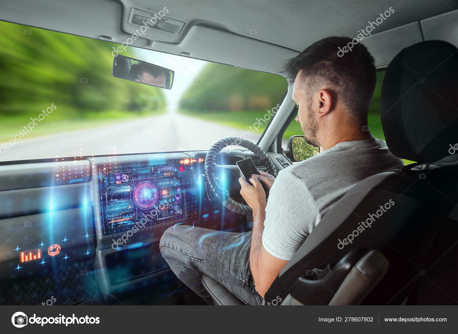 A man in an autonomous car. Self-driving. Concept autopilot, automotive ...