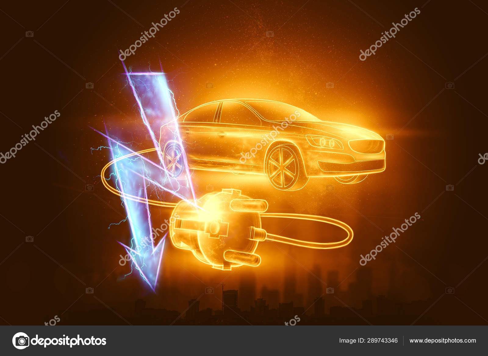 Creative background, Electric car with charging wire, hologram ...