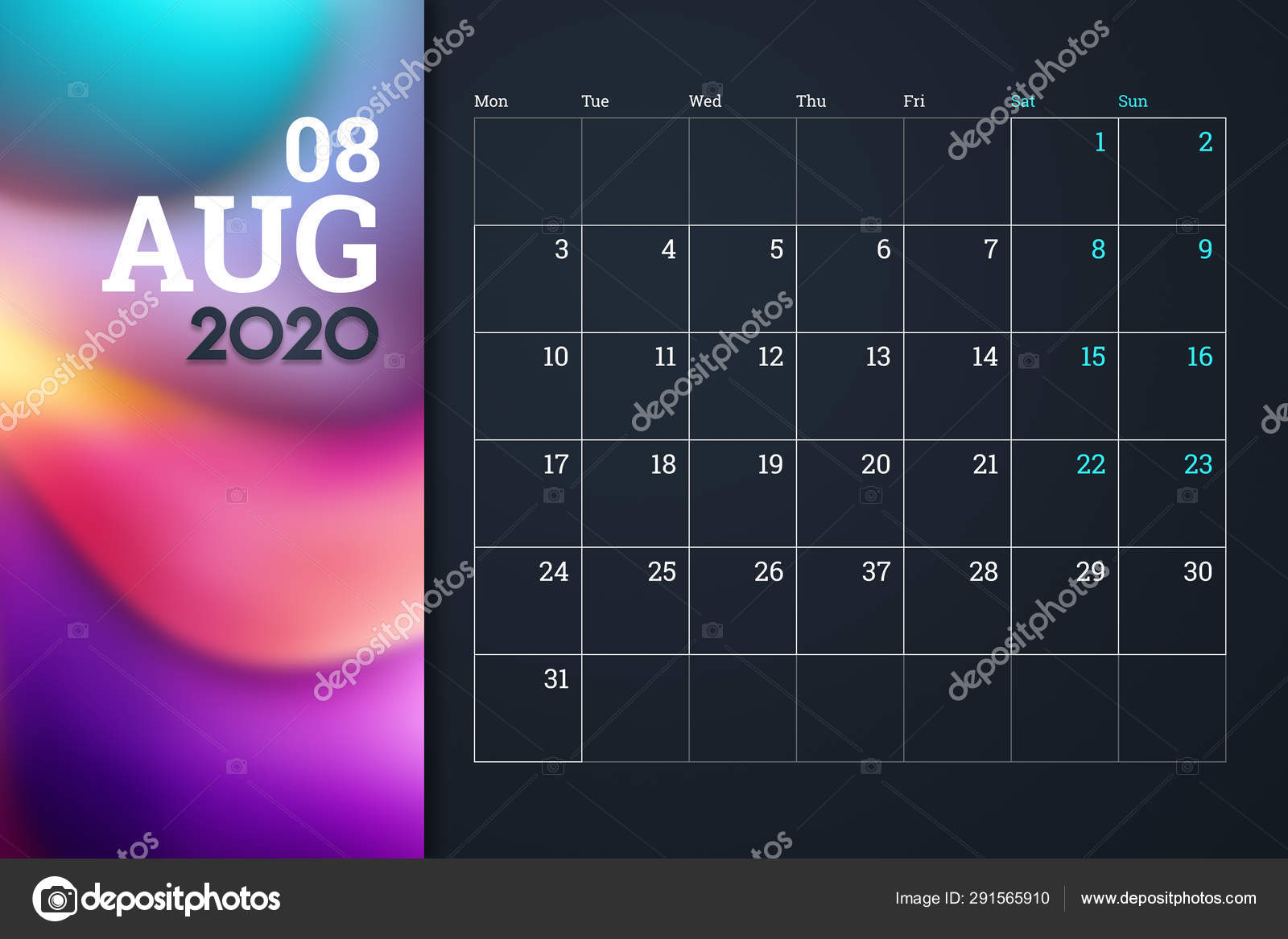 Calendar 2020, Month August, desk calendar design template with place ...
