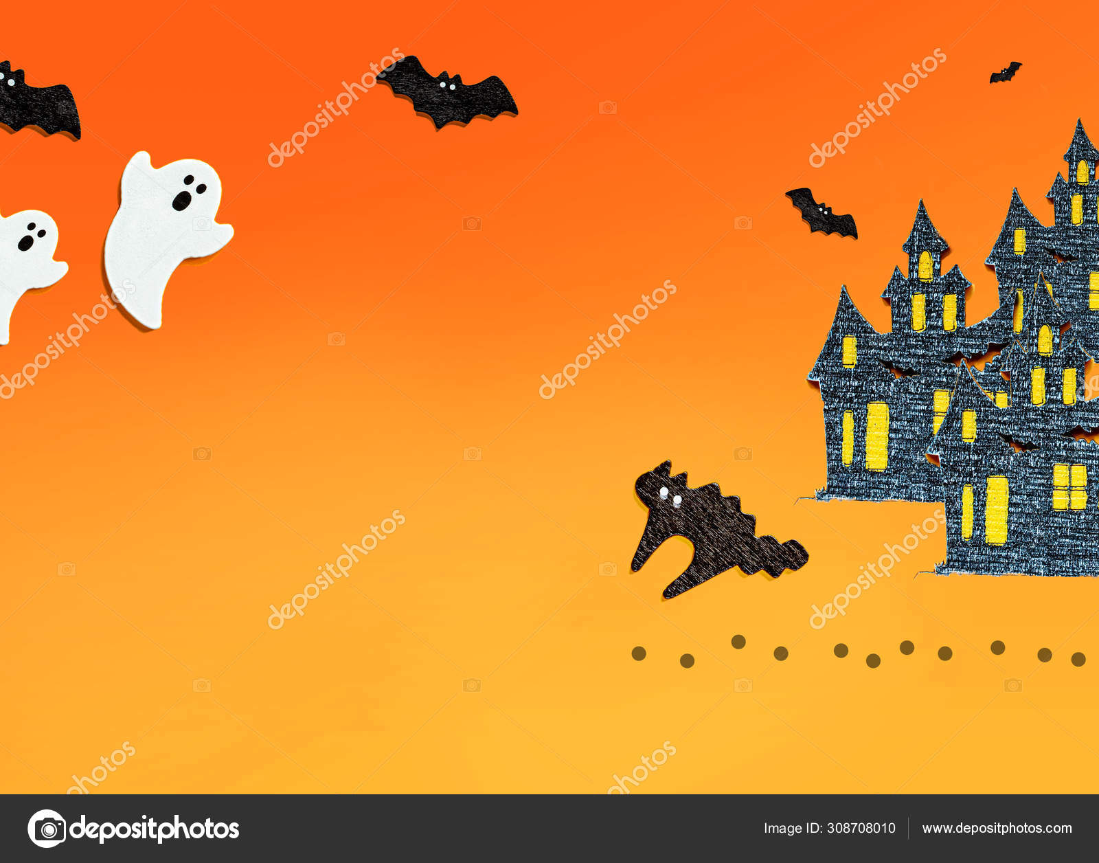 Set of black bats ,ghost with cats isolated on orange color background ...