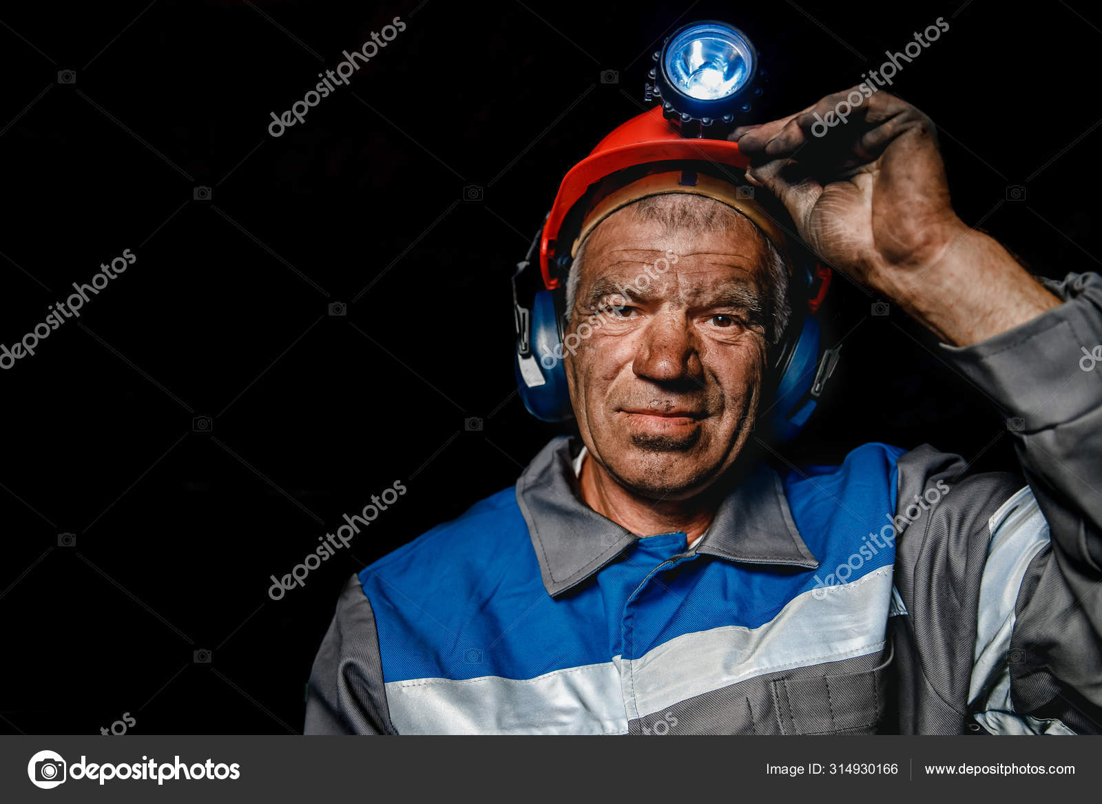 Miner happy man smiling after working on coal mine. Concept industrial ...