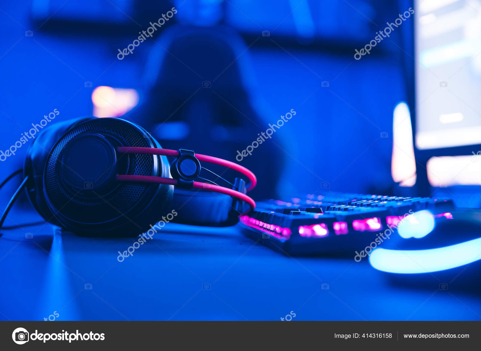 Computer gamer workplace for new game mouse and keyboard with blur pink ...