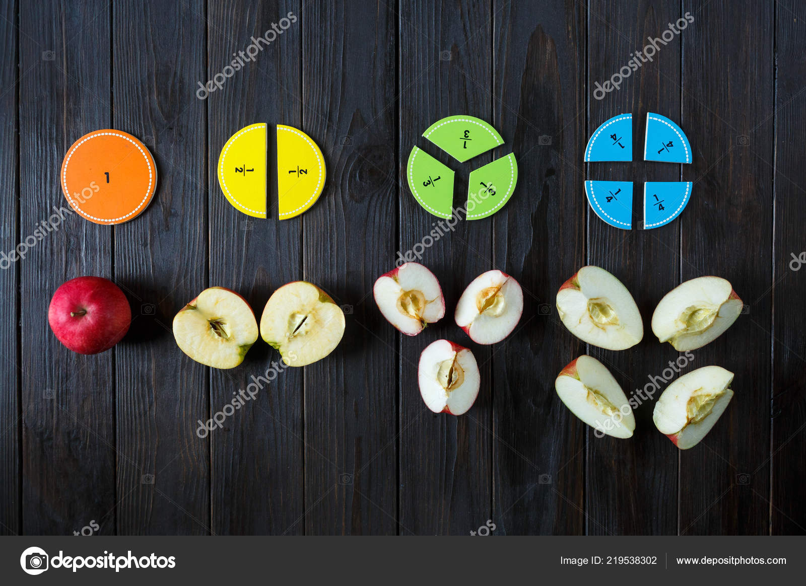 Colorful Math Fractions Apples Sample Brown Wooden Background Table ...
