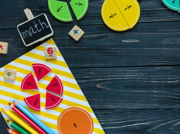 Kids Hand Moves Colorful Math Fractions Dark Wooden Background Table ⬇ ...