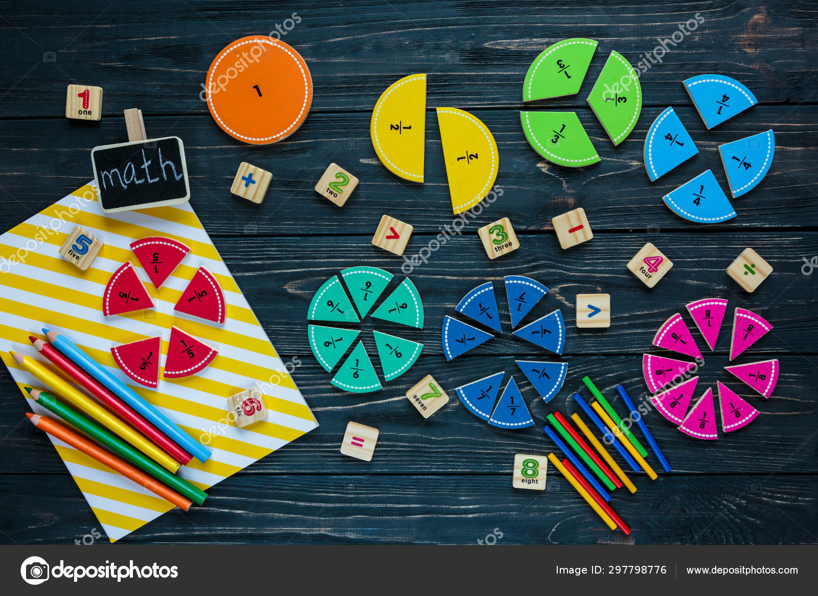 Kids Hand Moves Colorful Math Fractions Dark Wooden Background Table ⬇ ...