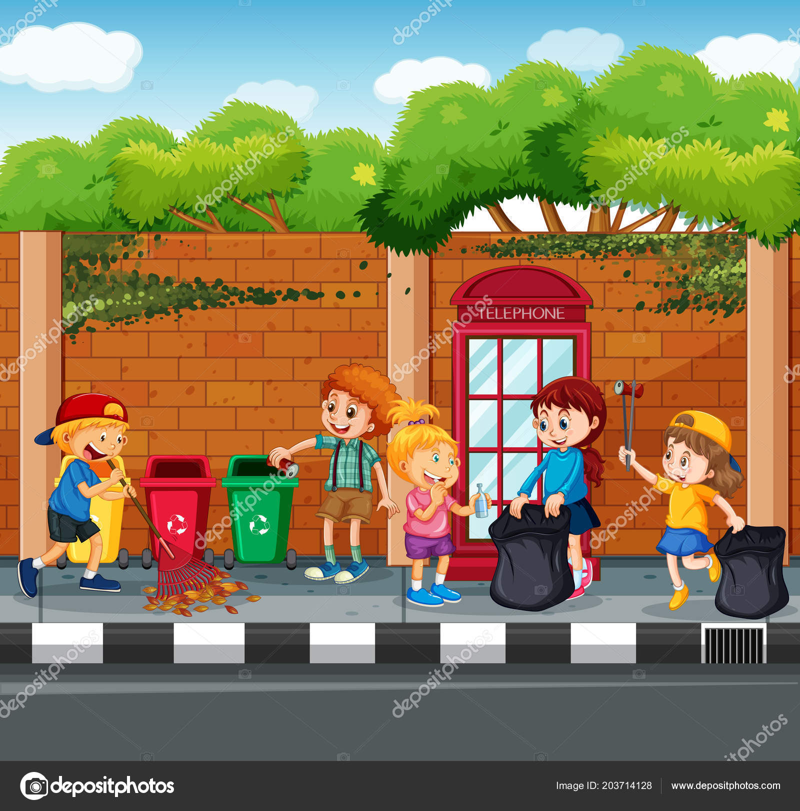 Niños Felices Recogiendo Ilustración Basura Vector de stock #203714128 ...