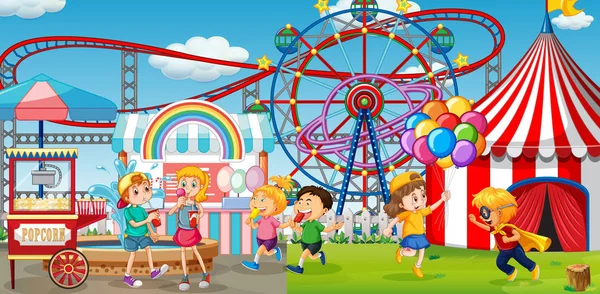 Cartoon Children Having Fun Lakeside Amusement Park Background Stock ...