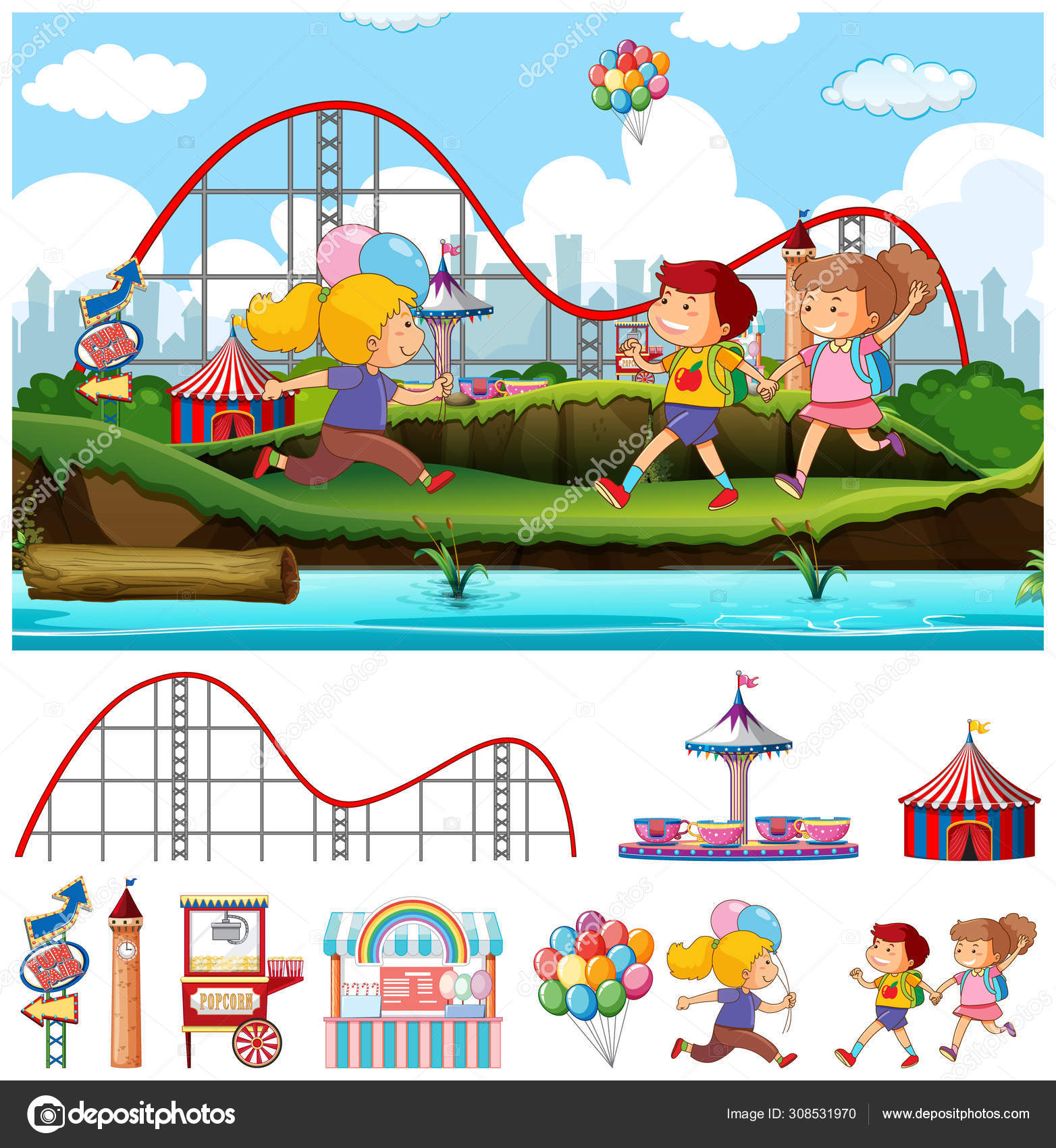Scene background design with children at funfair Stock Vector Image by ...