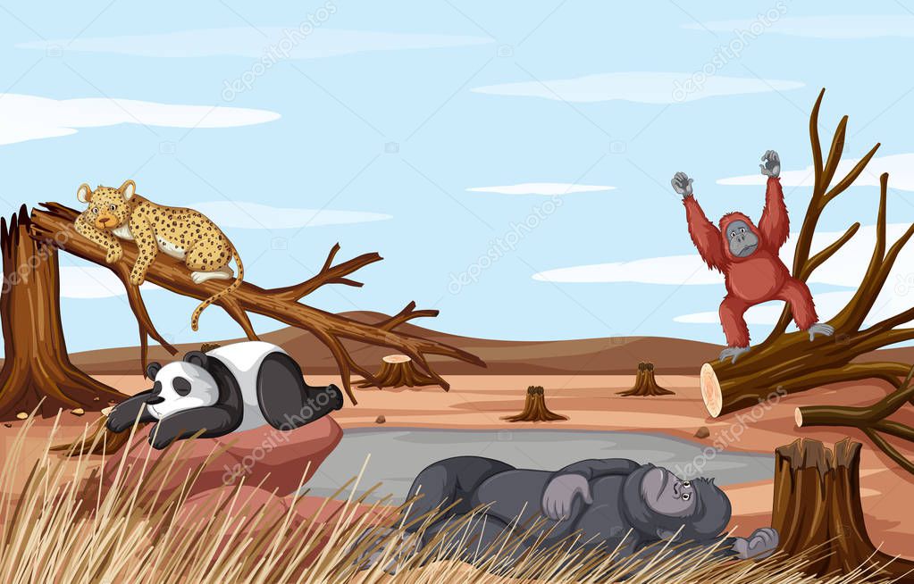 Escena de deforestación con animales muriendo de sequía 2022