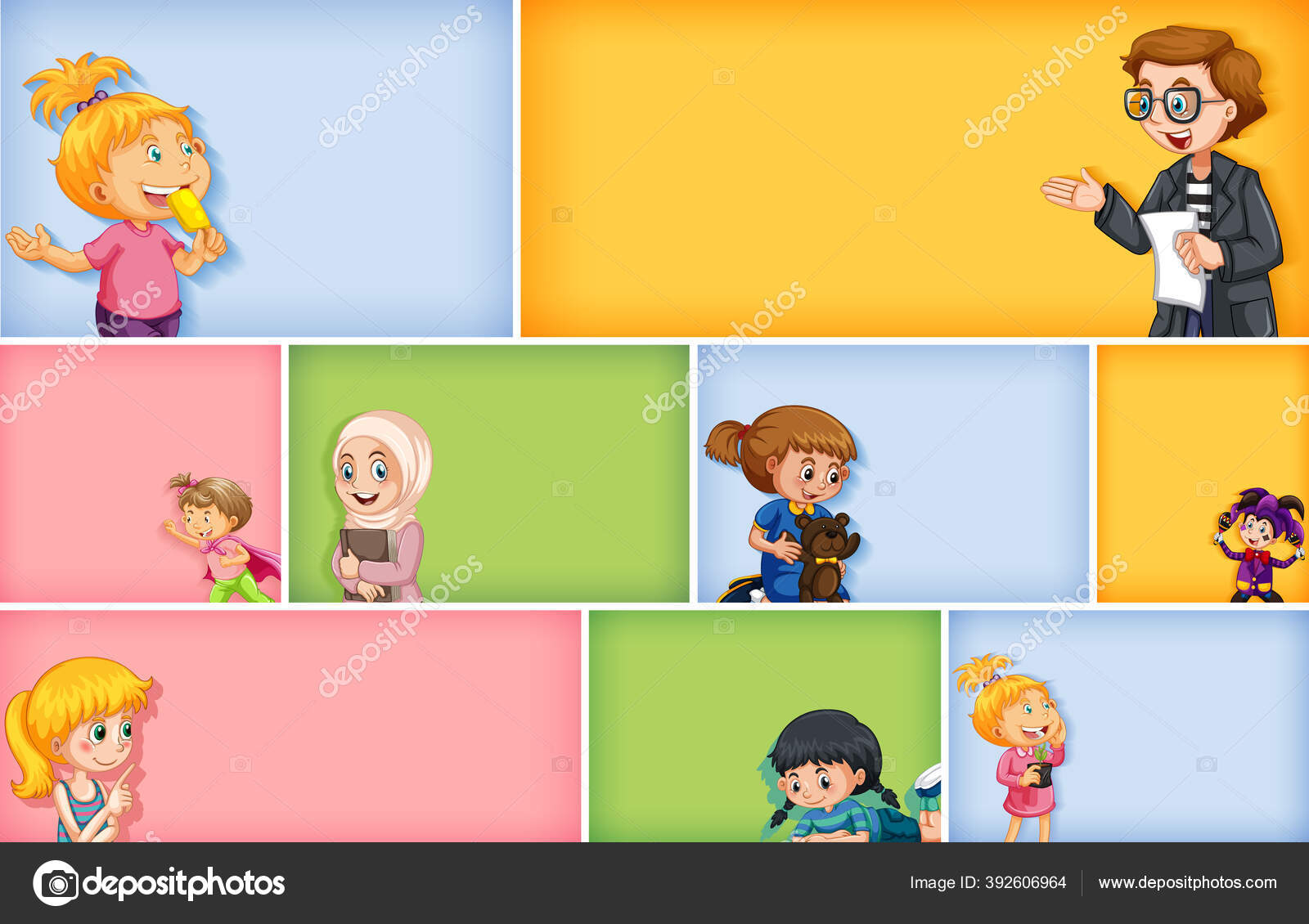 Set Different Kid Characters Different Color Background Illustration ...