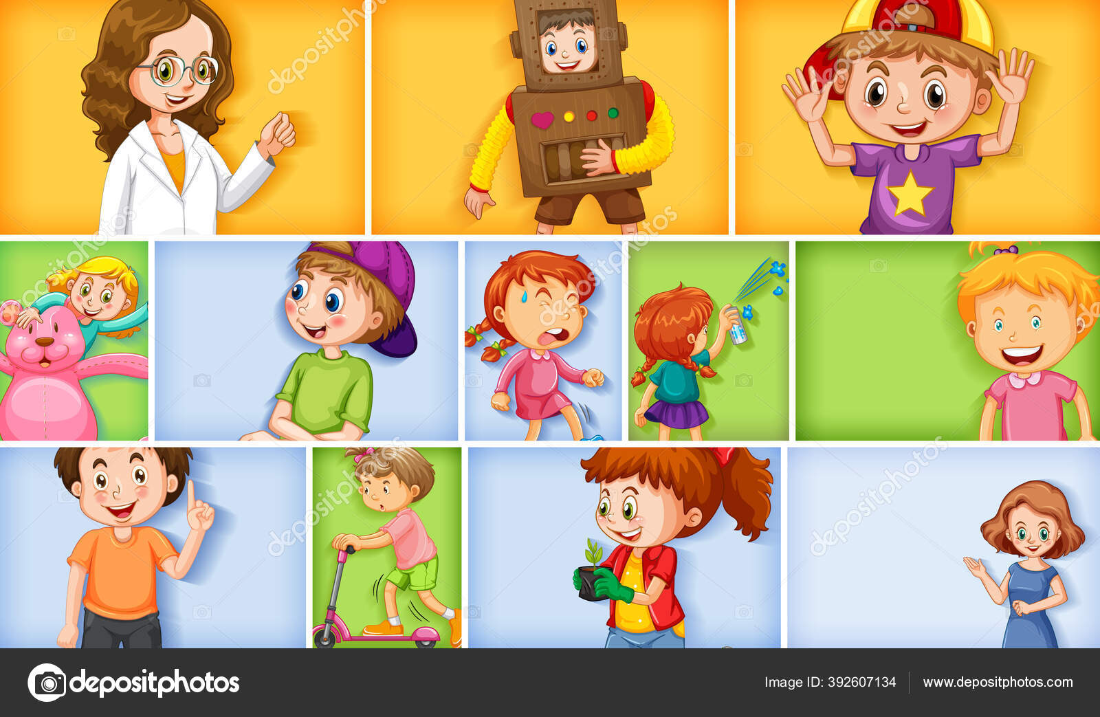 Set Different Kid Characters Different Color Background Illustration ...